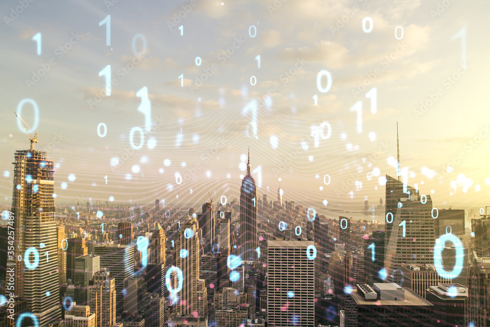 Abstract Virtual Binary Code Hologram On New York Cityscape Background Ai And Machine Learning