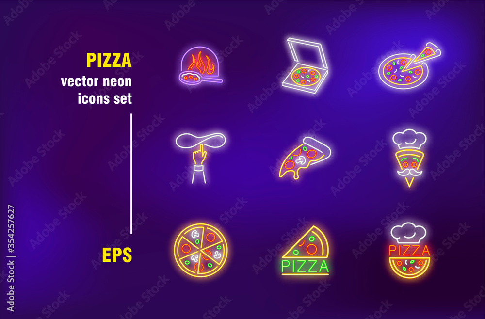 Pizza neon signs set. Italian cuisine, restaurant, melting cheese ...