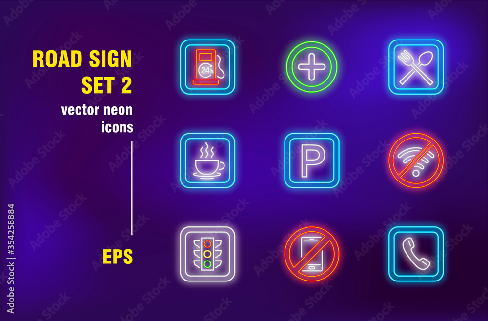 Roadside neon signs set. Parking, cafe, traffic light, petrol station ...