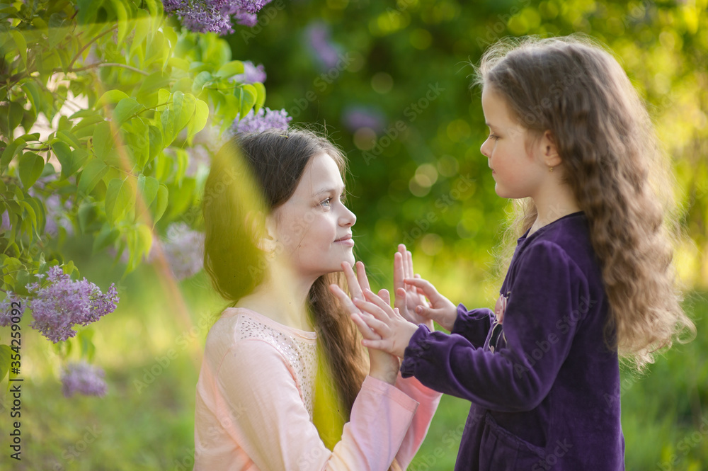 Two sisters play together outside the house in nature. Stock Photo ...