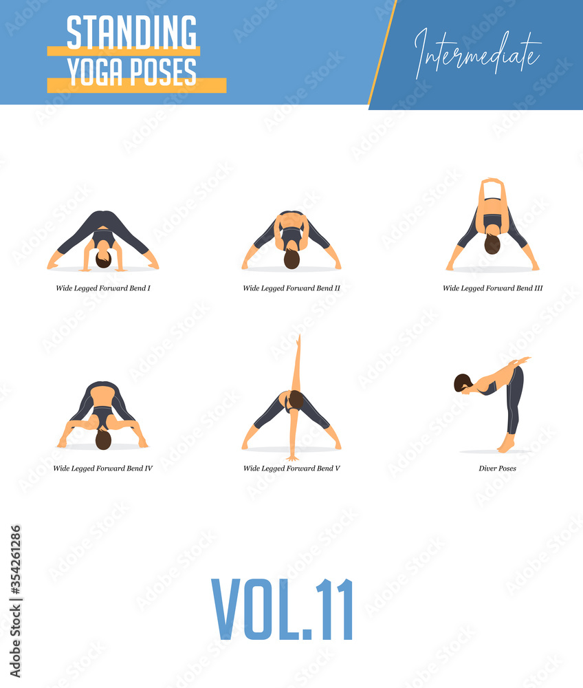 Set of yoga poses for concept balancing, standing poses in flat design ...
