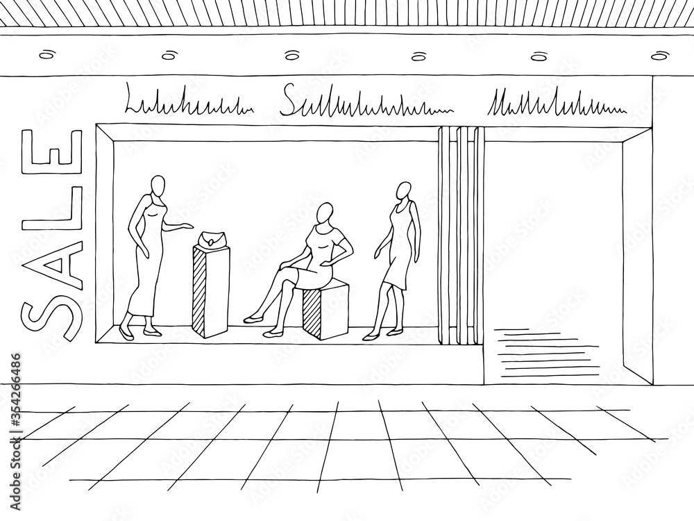 Shopping mall graphic black white interior sketch illustration vector ...