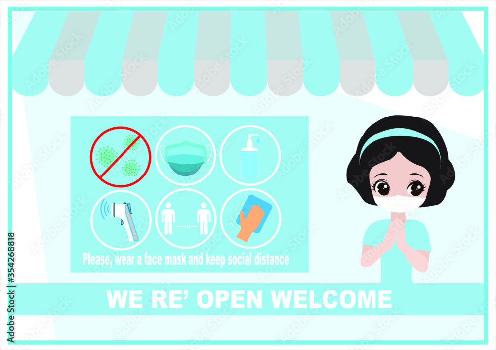 Welcome now open keep social distance and use face mask. Vector.Welcome ...