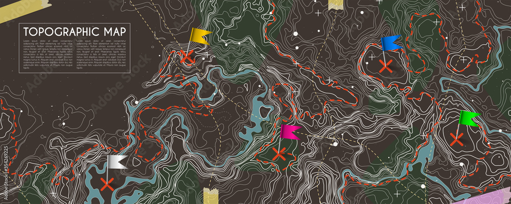 Fictional topographic map with pins and paths. Lined conceptual ...