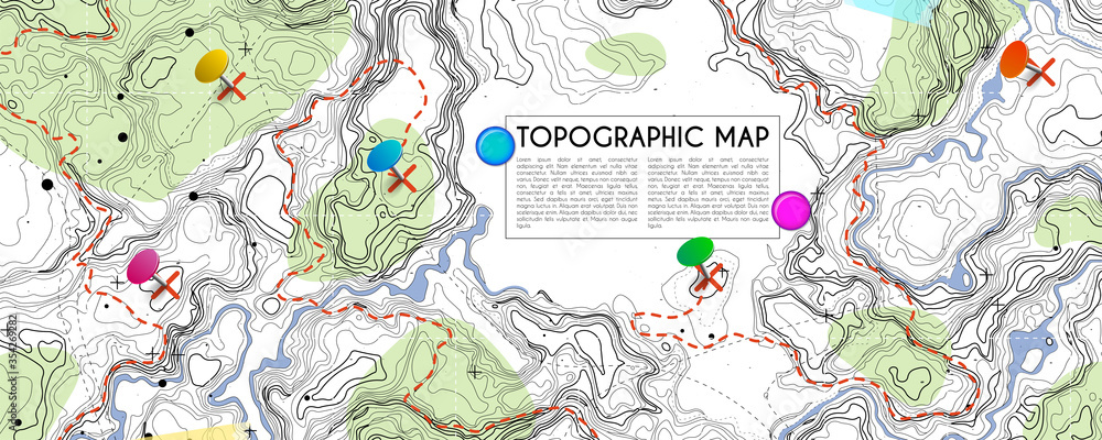 Fictional topographic map with pins and paths. Lined conceptual ...