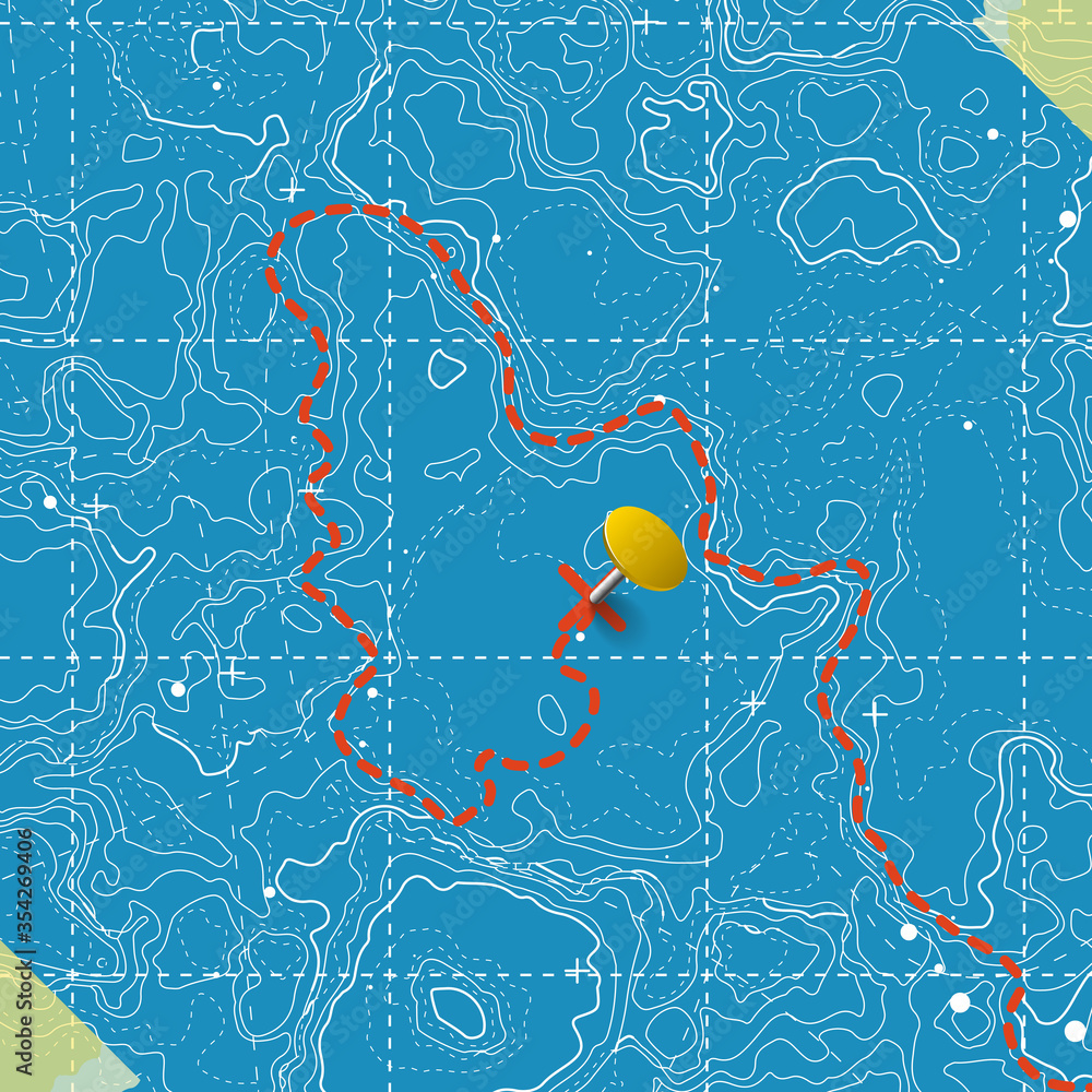Fictional topographic map with pins and paths. Lined conceptual ...
