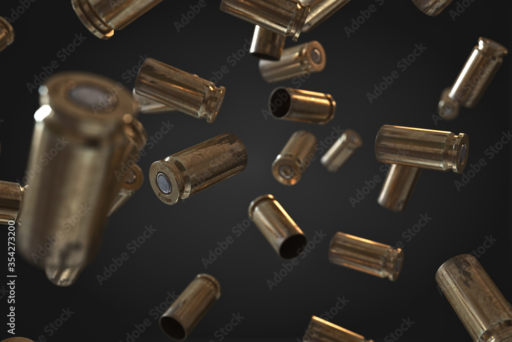Photorealistic 3D illustration of Flying bullet shells on a black ...
