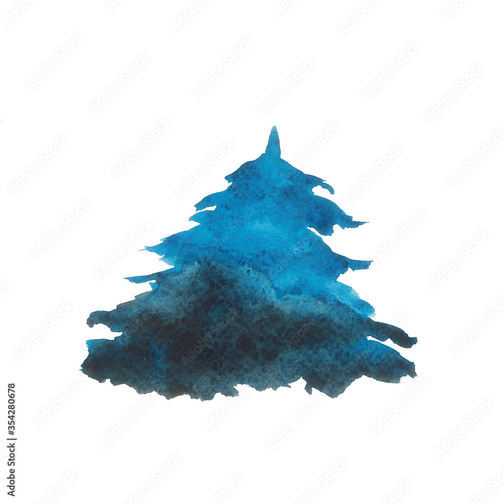 Lush blue spruce tree. Watercolor of firetree silhouette isolated on ...