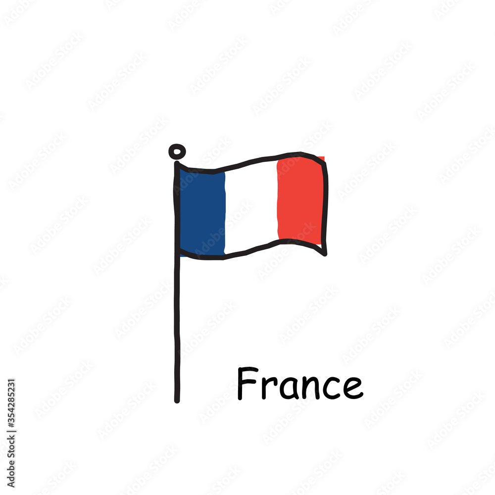 hand drawn sketchy France flag on the flag pole. three color flag ...