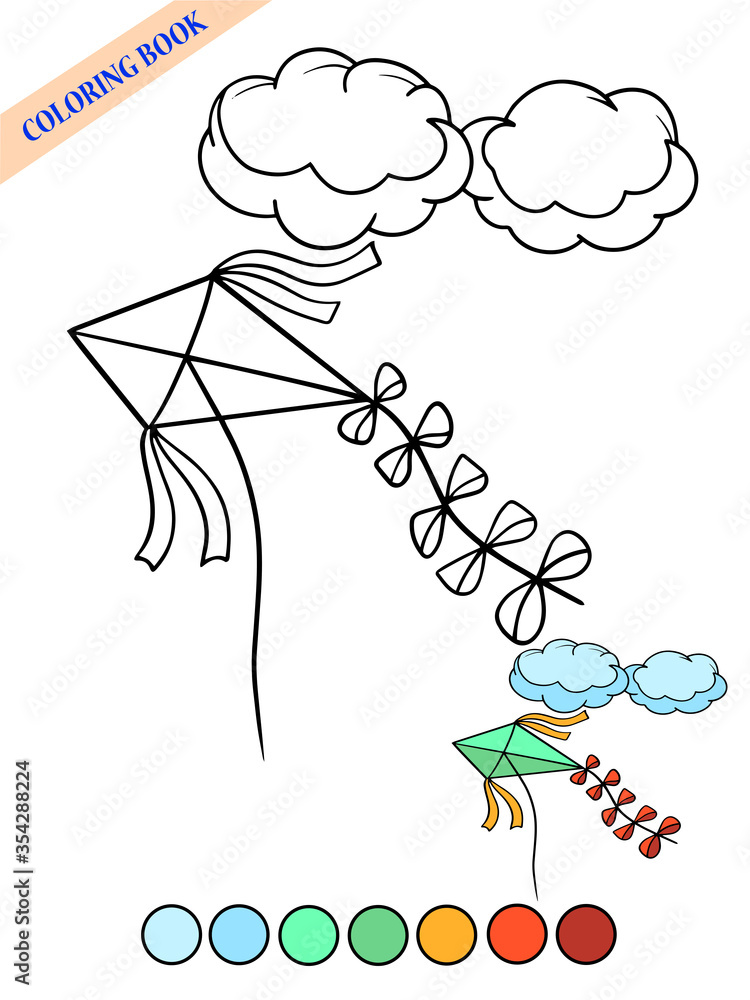 coloring book kite in the sky clouds for kids page color swatch ...