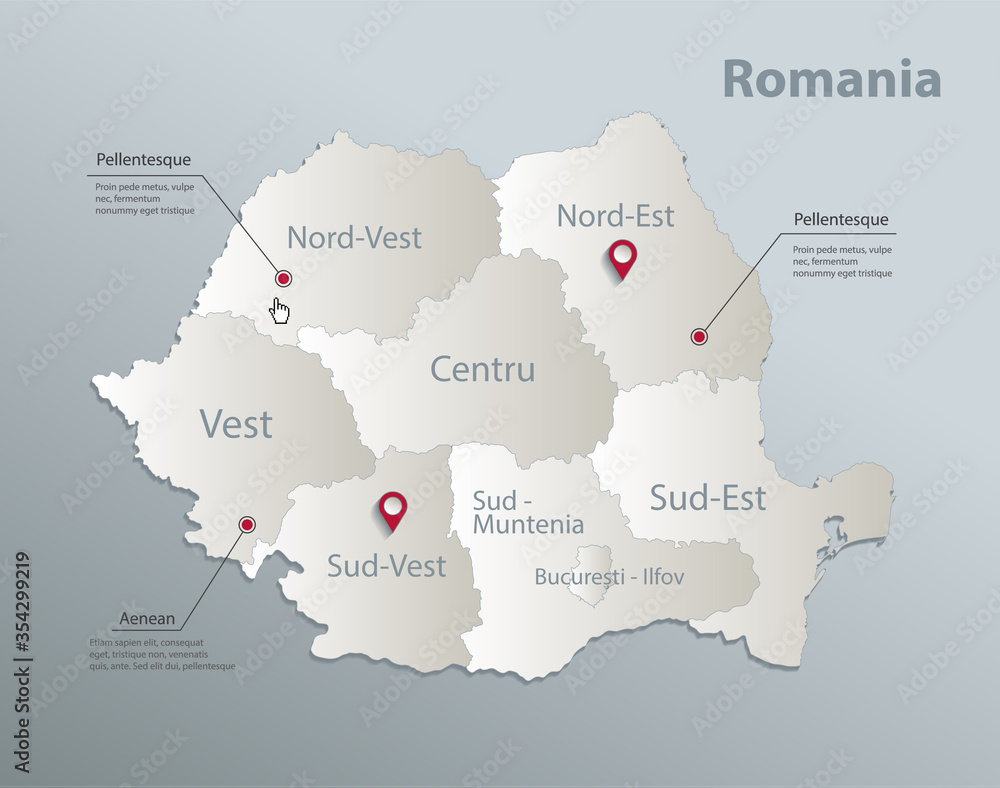 Romania map, administrative division with names, blue white card paper ...