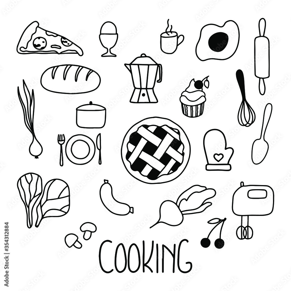 Cooking icons with lettering. Hand draw vector line illustration. The ...