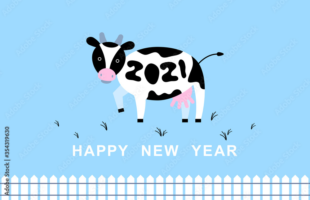2021. Happy New year. Cow. Vector illustration. 2021 black and white ...