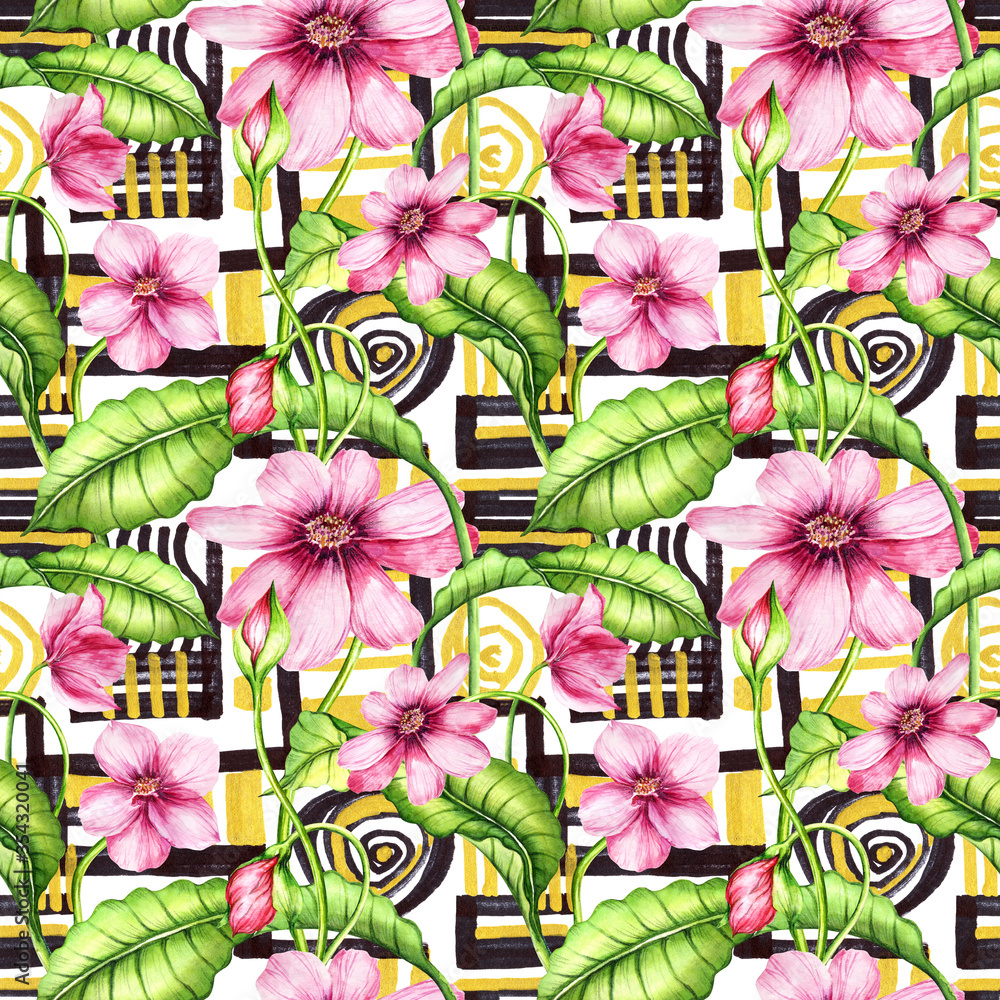 hand drawn watercolor drawing pink flowers, leaves, buds, petals in the ...