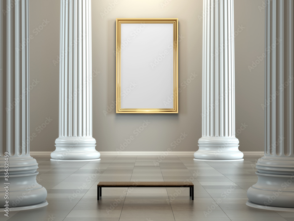 Museum with colonnade and empty golden frame on wall - 3d rendering ...
