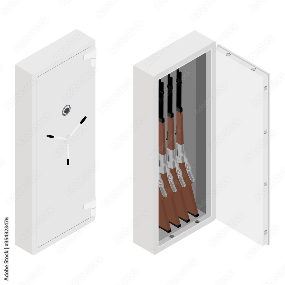 Ammunition storage set. Metal safe with rifle gun inside isometric view ...