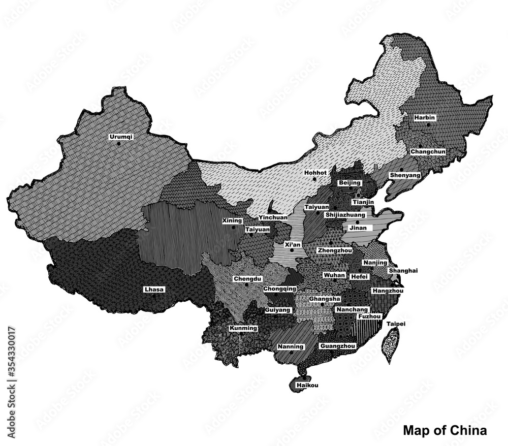 Bright Map of China. map of China graphic illustration on white ...