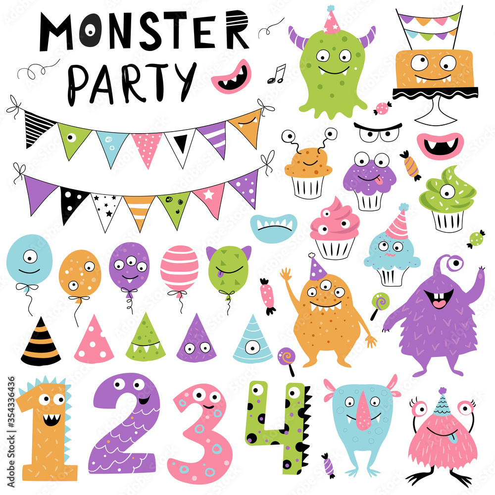 Monster party element set with Cute Scary characters, air balloons ...