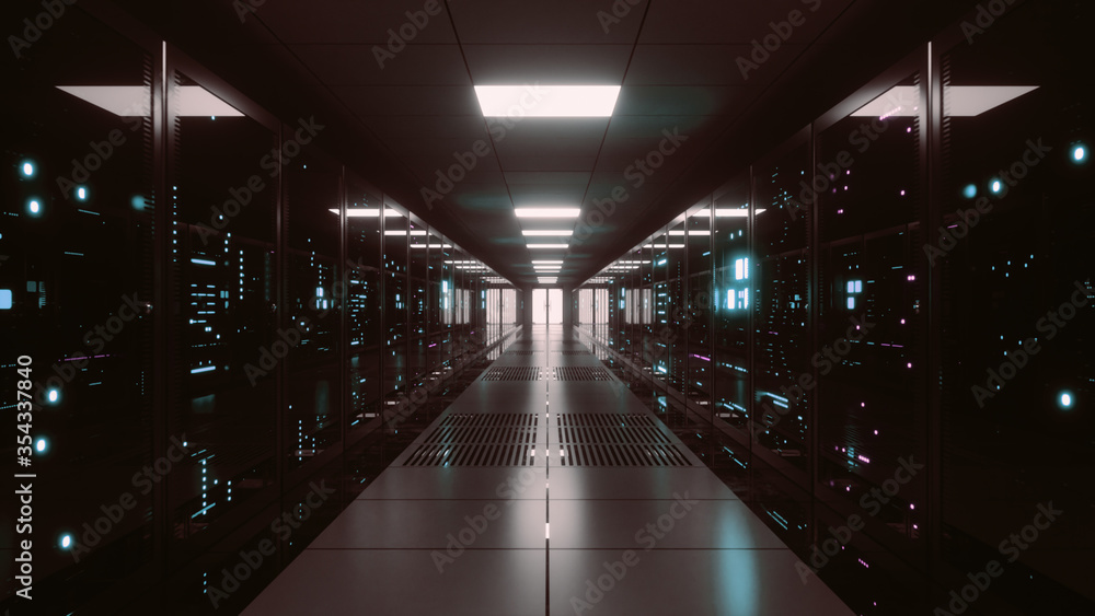 Big data servers. Data Solutions. Server room with working flickering ...