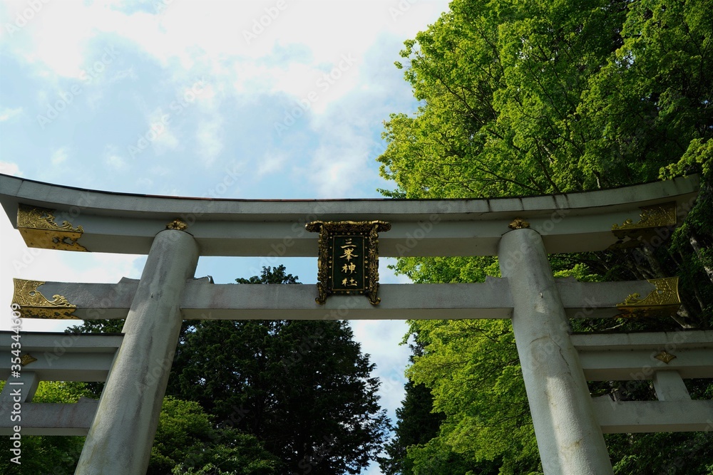 Shrine gate "Torii" at Mitsumine Jinja Shrine in Chichibu, Tokyo, Japan ...