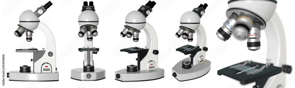 side and front views of a microscope isolated on white background, 3d ...