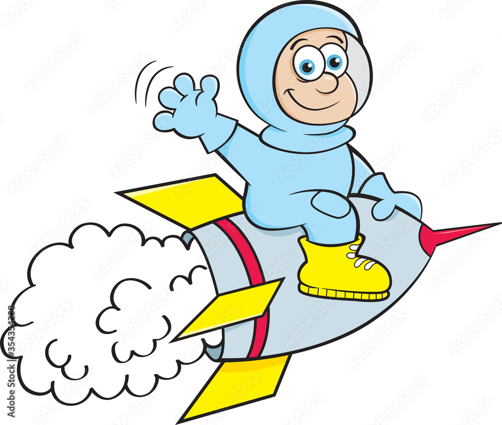 Cartoon illustration of a boy in a space suit riding a space ship ...
