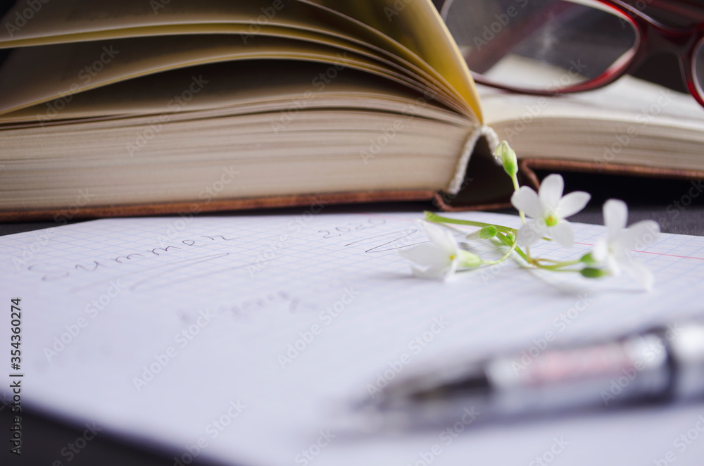 Book and black note with pen. Literature for the holidays and summer ...