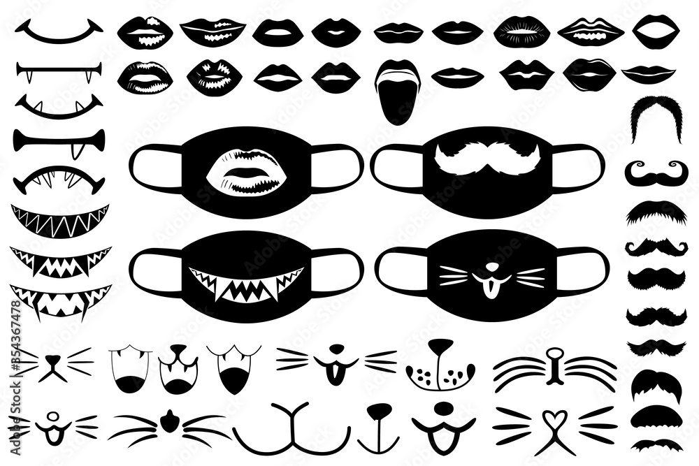 Set of prints for medical masks. A huge set of lips, smiles, fangs ...