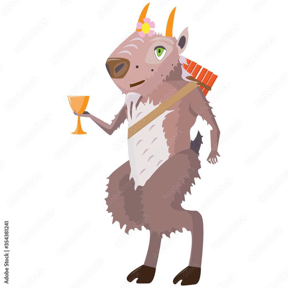 Funny cartoon satyr with pan flute and glass. Stock vector illustration ...
