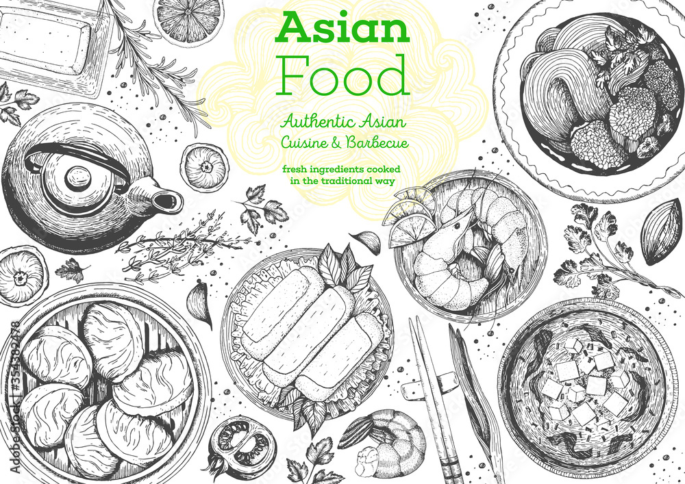 Asian cuisine top view frame. Food menu design with noodles, soup miso ...