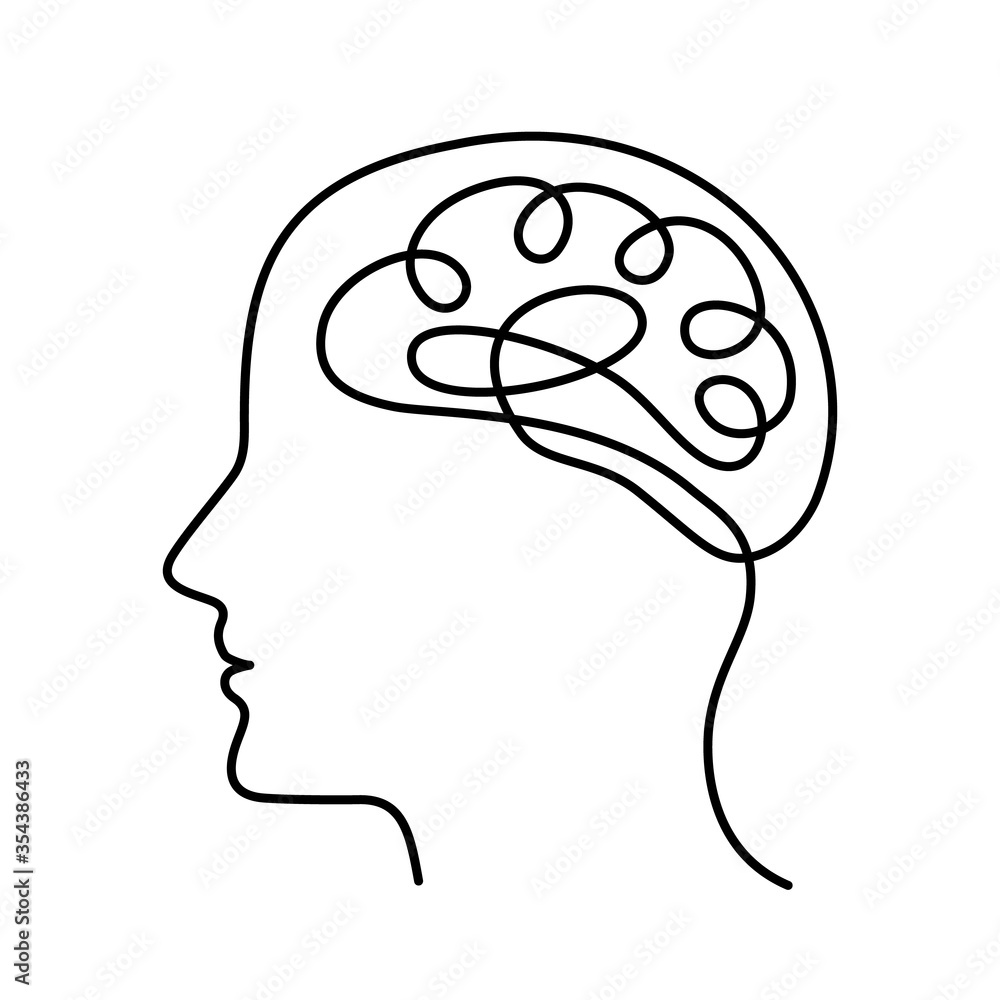 continuous stylized modern drawing of a human head and brain. flat ...