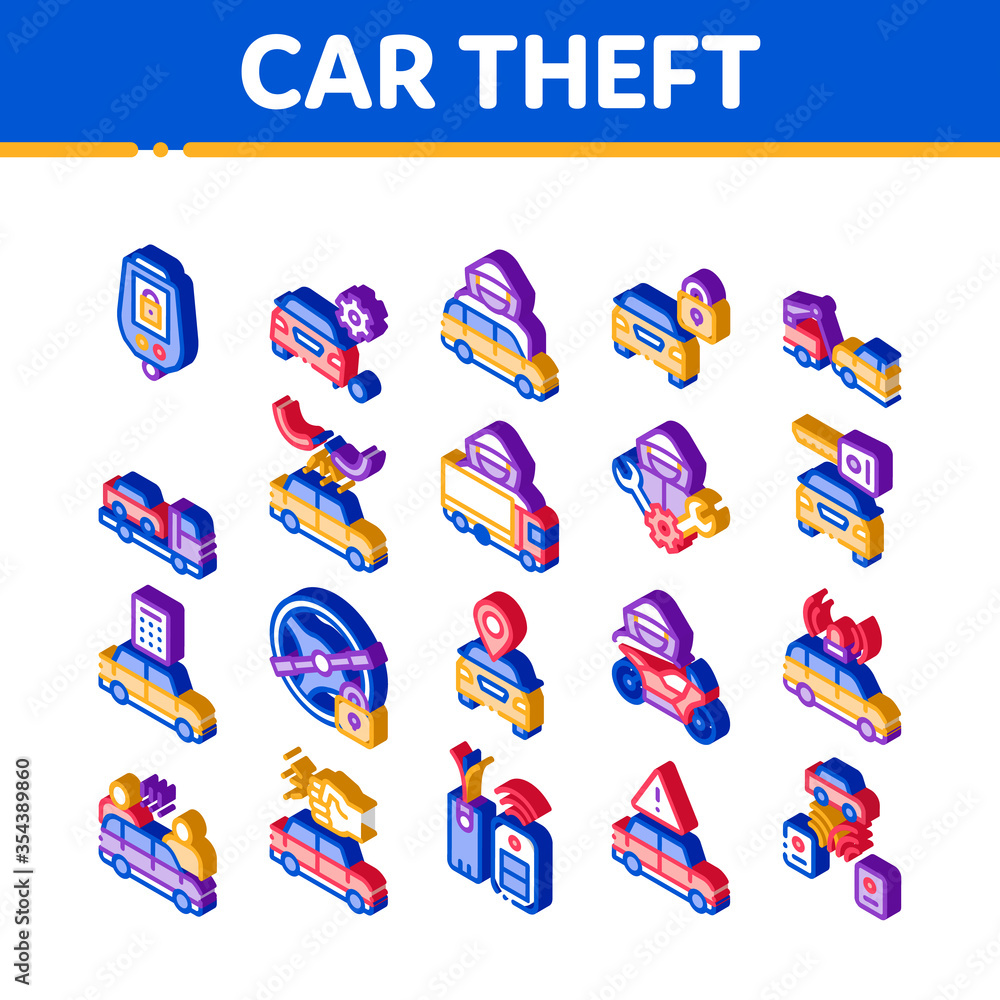 Car Theft Elements Icons Set Vector. Isometric Car Theft On Truck ...