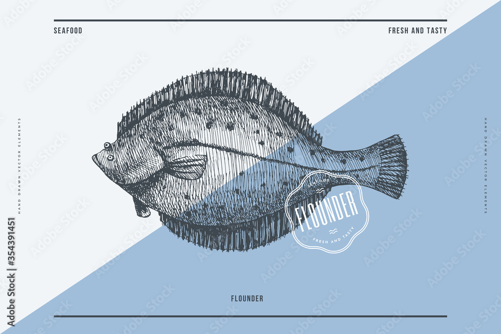 Vecteur Stock Hand-drawn flounder vector illustration. Sea fish in ...