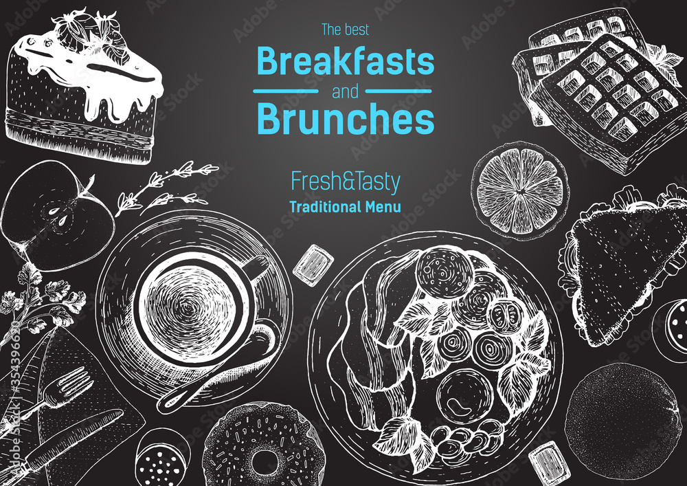 Brunch and breakfast top view frame. Food menu design. Vintage hand ...