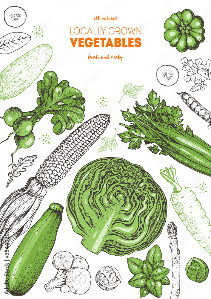 Vegetables top view frame. Farmers market menu design template. Organic ...