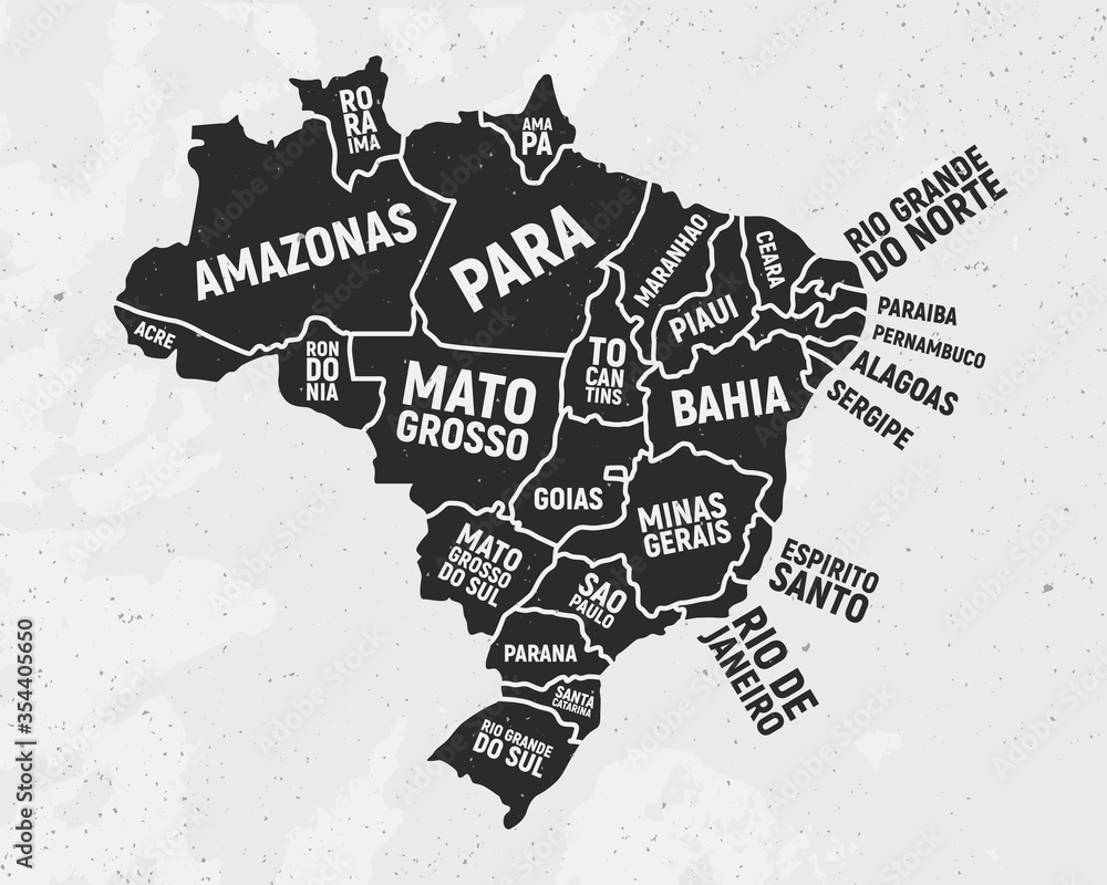 Brazil map with states. Poster map of Brazil with state names. Vintage ...