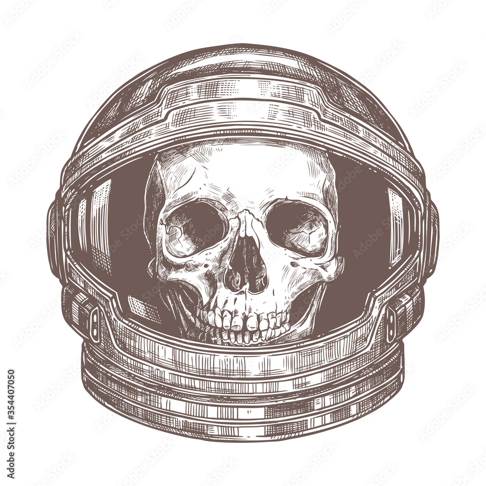 Vector human skull in cosmonaut helmet on white background. Dead ...