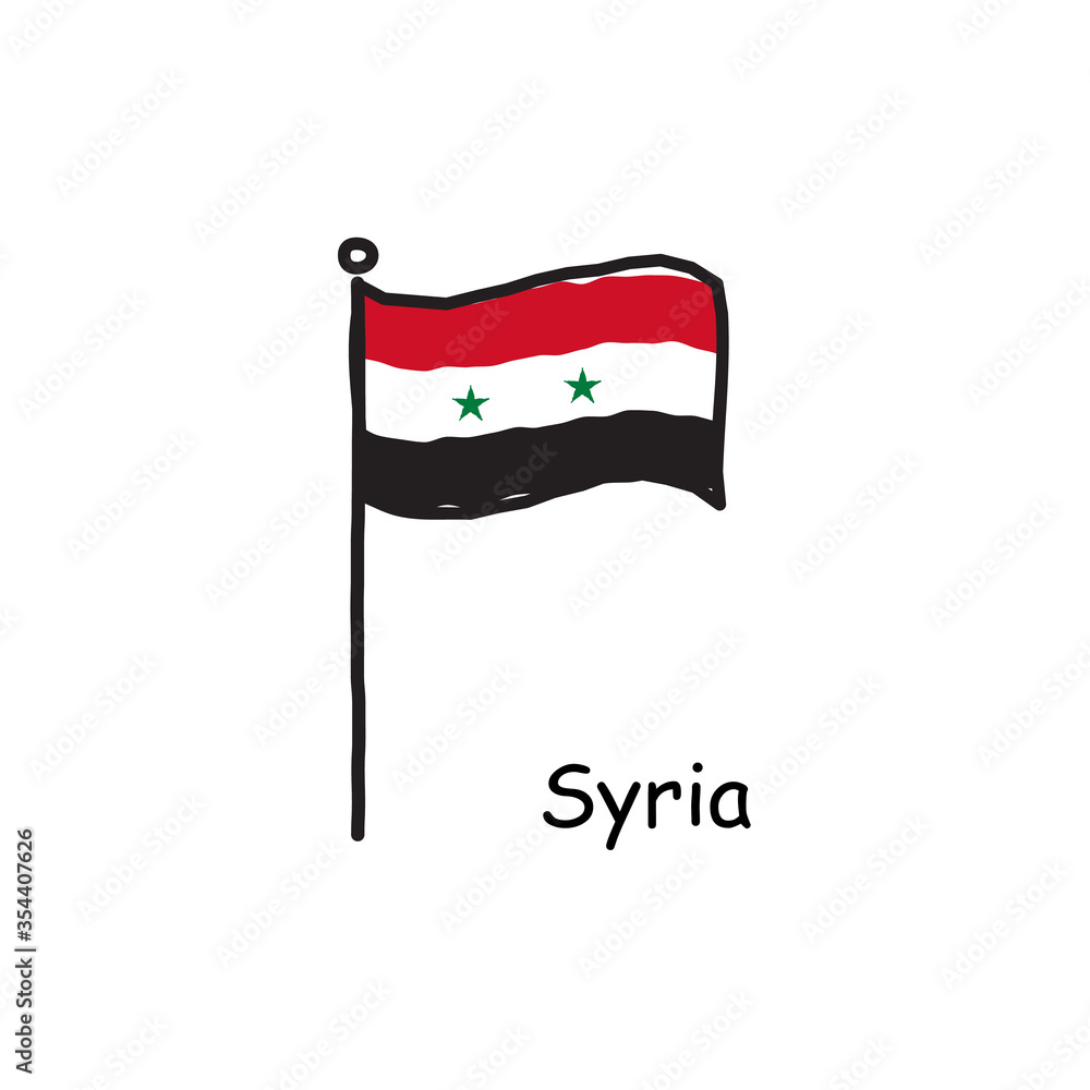hand drawn sketchy Syria flag on the flag pole. Three color flag ...
