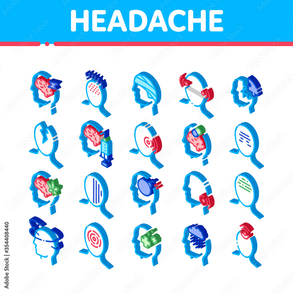 Headache Elements Vector Icons Set. Isometric Tension And Cluster ...
