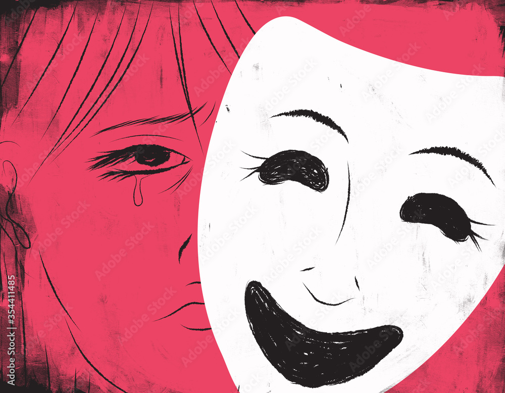 Sad woman's face hiding behind smiling mask Stock Illustration | Adobe ...