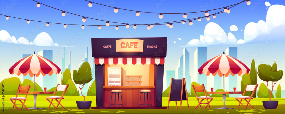 Outdoor cafe, summer booth in park, coffeehouse stall with street food ...