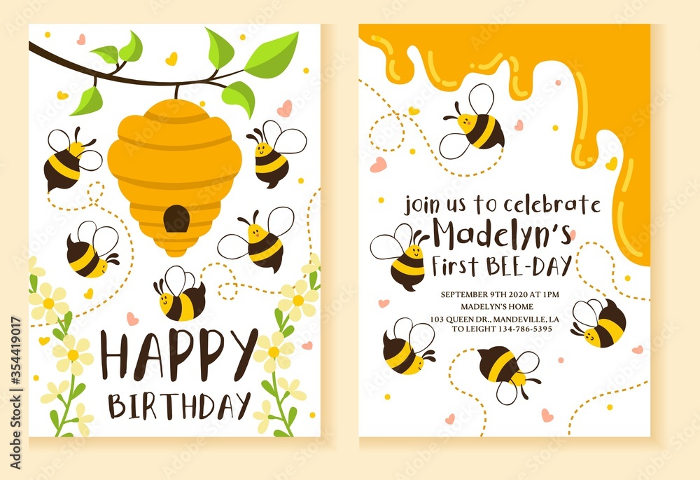 Kids party invitation with bees design template vector illustration ...