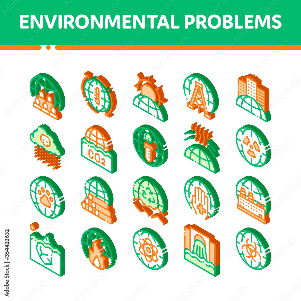 Environmental Problems Vector Icons Set. Isometric Environmental ...