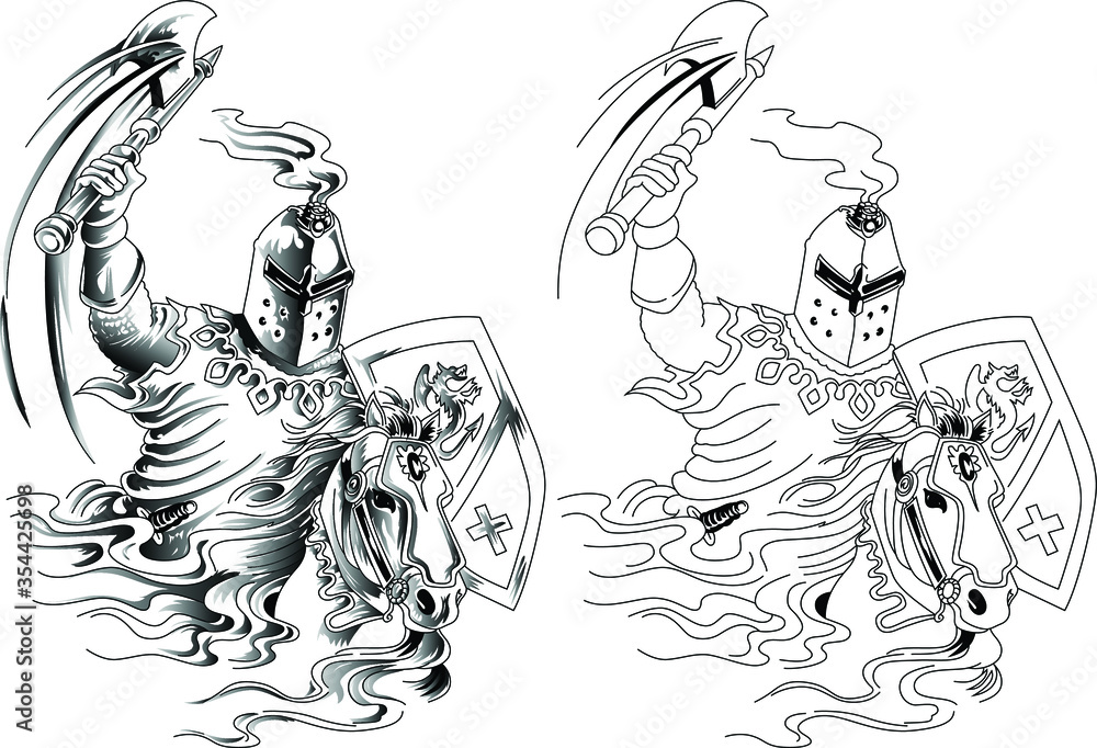 Medieval knight in armor on a horse. Emblems, badges, labels and logos ...