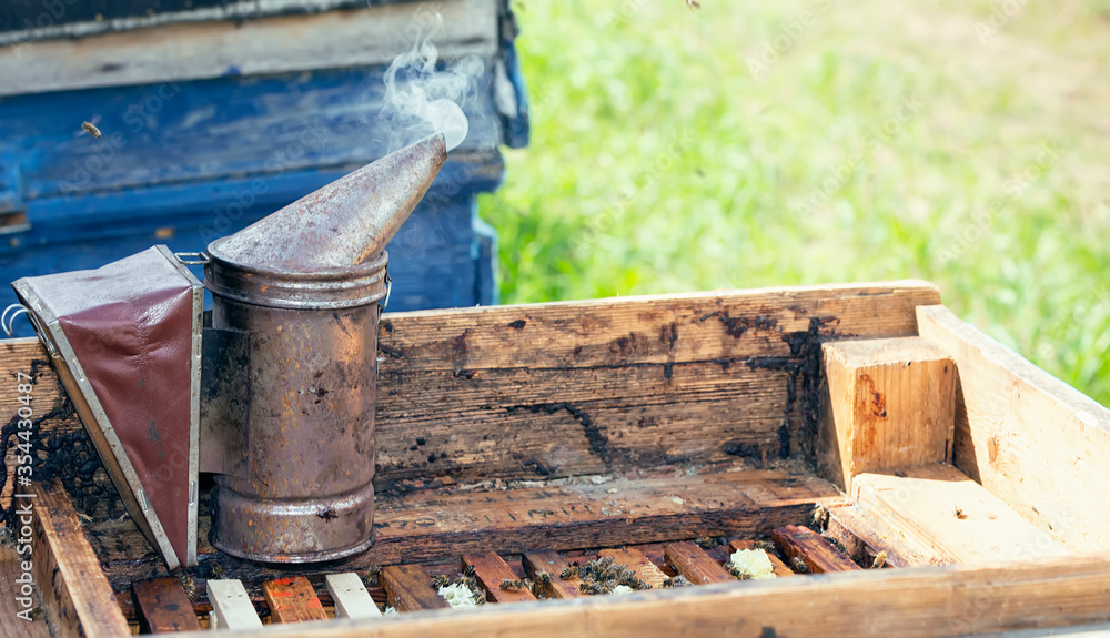Chimney for flashing bees. The tool of the beekeeper. Bee smoker smokes ...