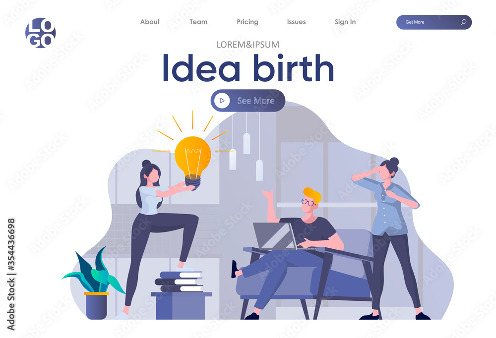 Idea birth landing page with header. Students discussing project ...