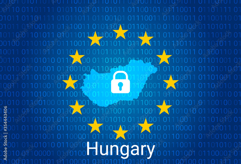 Map of Hungary, with lock and binary code background. europe union internet blocking, virus ...