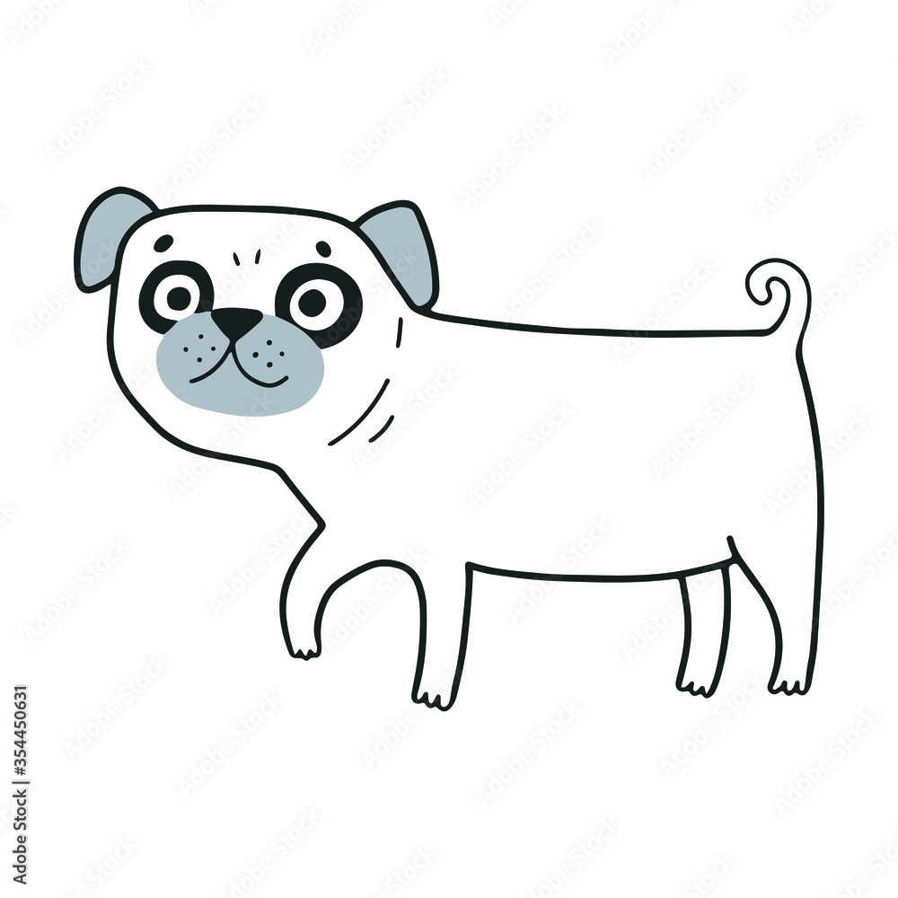 Cute vector cartoon illustration of the pug dog or puppy. Black and ...