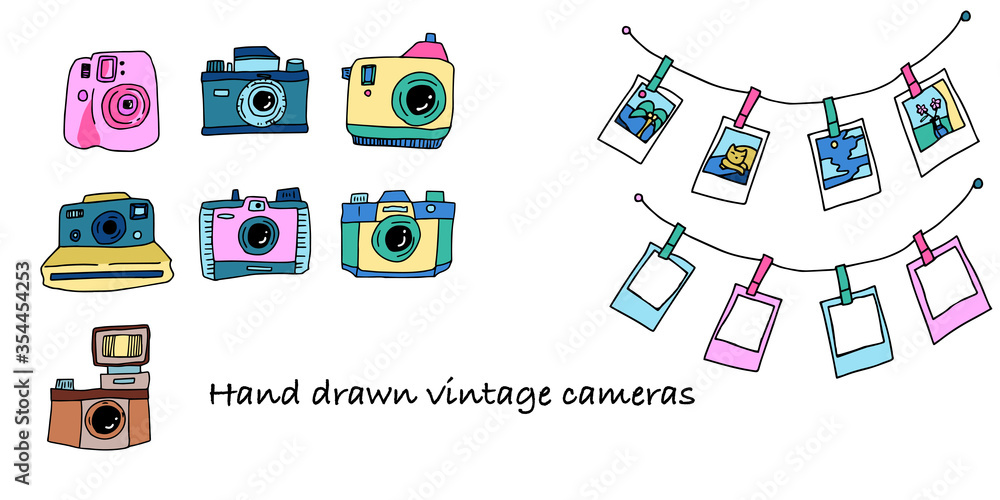 Vintage camera with photography template. Hand drawn ink illustration ...