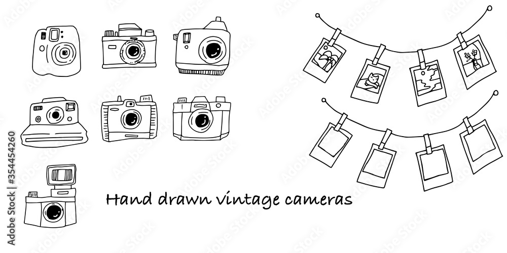 Vintage camera in black and white line art with photography template ...